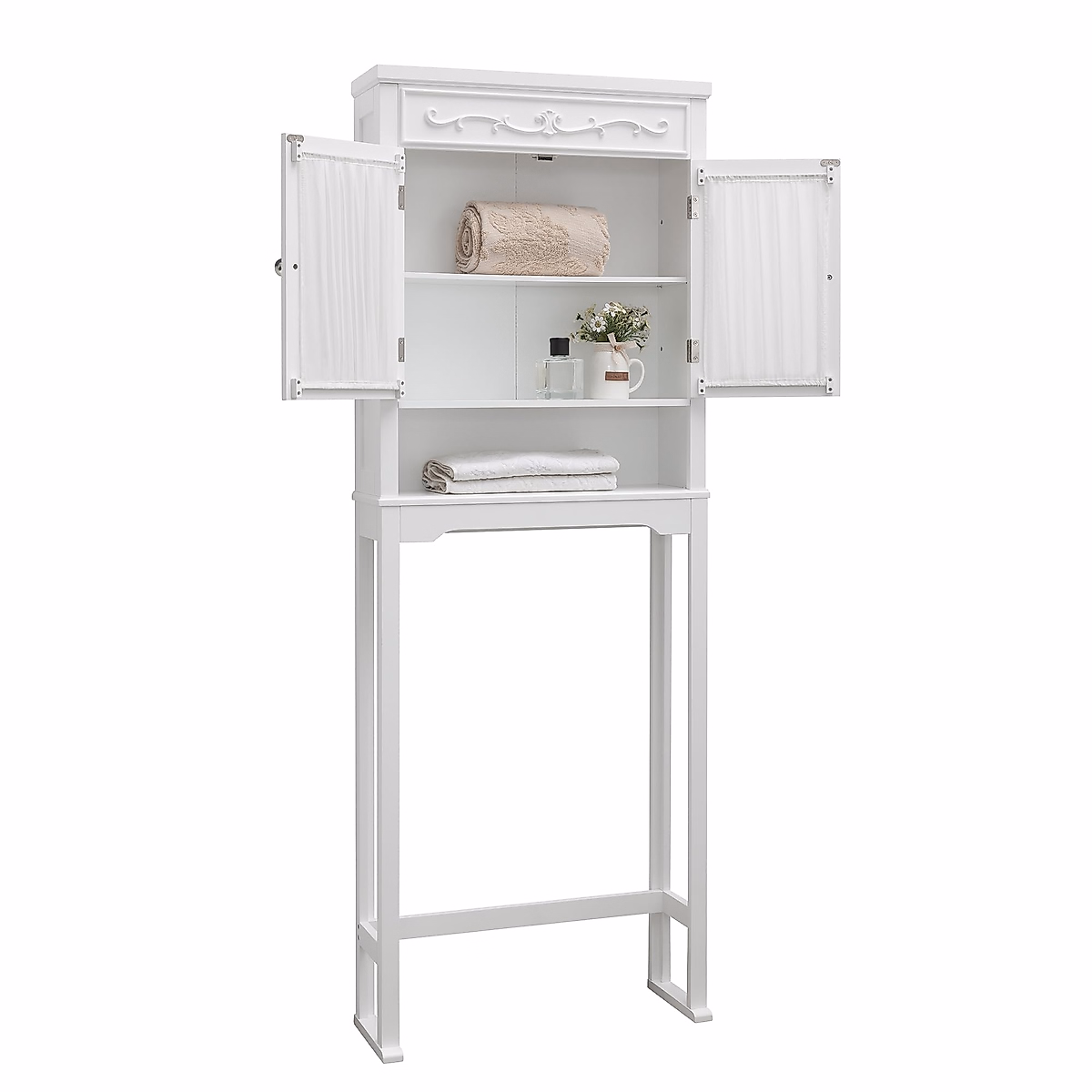 Elegant Home Fashions Lisbon Wooden Space Saver with Drapery-Lined Doors, White