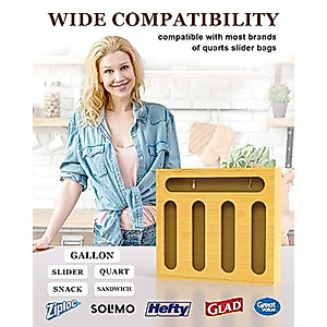 VenDotbi Bag Storage Organizer, Bamboo baggie organizer with Slider, Suitable for Kitchens and Countertop to Storage Gallon, Quart, Sandwich & Snack Bags and other Size Bag Organizer-Natural