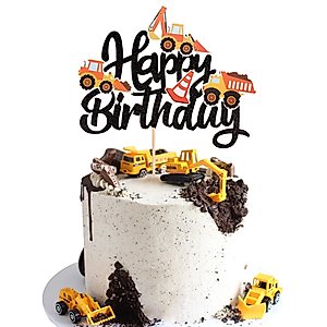 1 PCS Construction Happy Birthday Cake Topper Glitter Construction Cake Pick Dump Truck Excavator Tractor Cake Decorations for Construction Theme Baby Shower Kids Birthday Party Supplies Black
