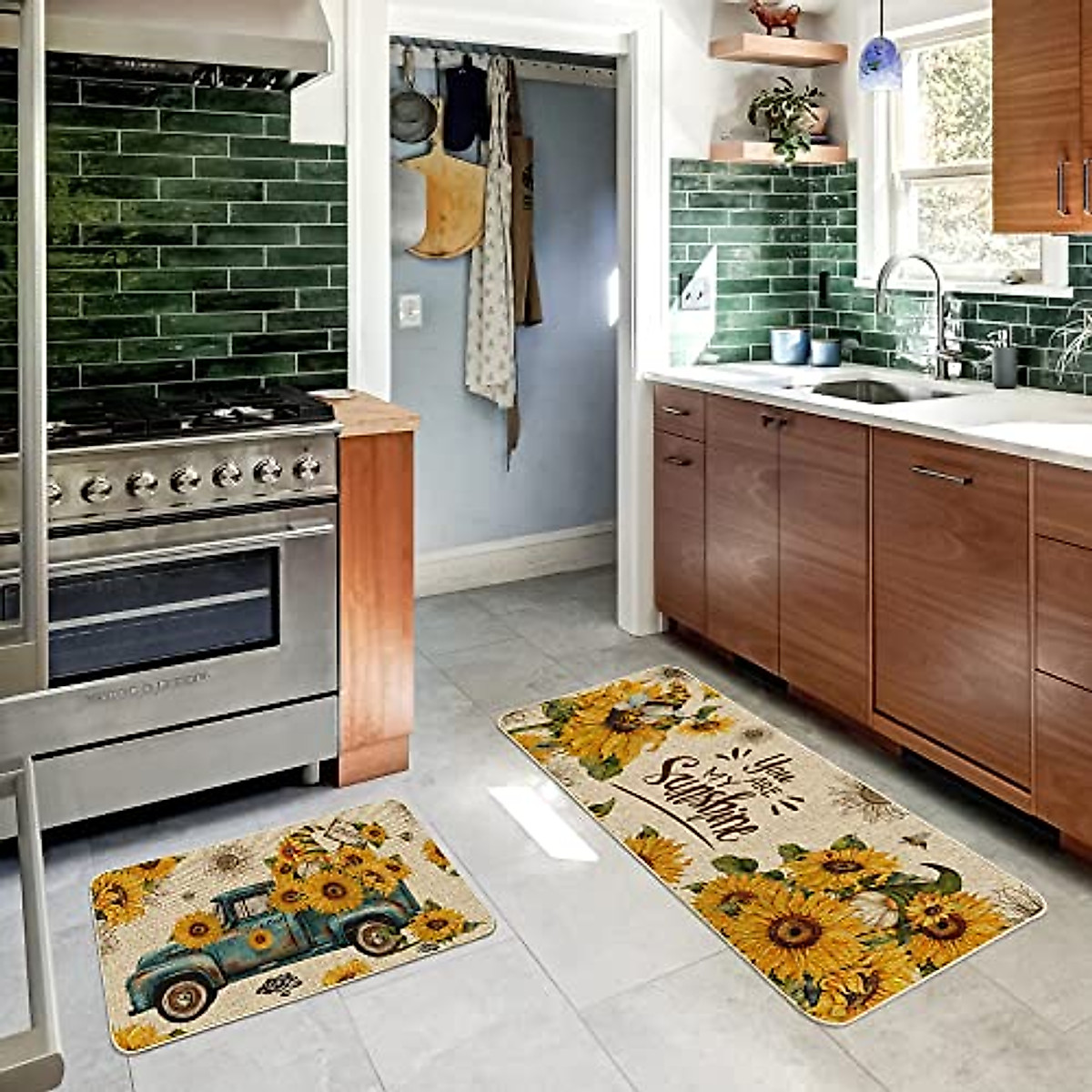 Hexagram Sunflower Kitchen Rugs and Mats Set of 2, Anti Fatigue Kitchen Mats for Floor Non-Slip You are My Sunshine Kitchen Decor Holiday Decorations-17x29 and 17x47 Inch