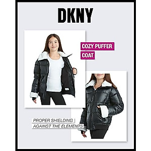 DKNY Girls' Winter Coat - Insulated Quilted Puffer Bomber Coat - Outerwear Jacket for Girls, Sherpa Collar/Cuffs (8-16), Size 10-12, Black