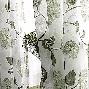MRTREES Sheer Printed Valance Curtains for Kitchen Windows, Small Modern Rod Pocket Voile Valance Window Treatment for Bathroom Basement(1 Pack, 54" W x 16" L, White with Olive Green Floral Pattern)