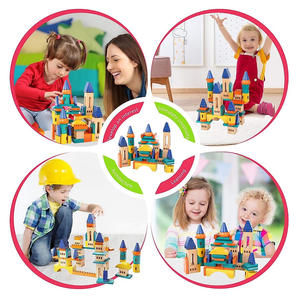 Migargle Wooden Castle Building Blocks Set-Stacking Wood Castle Blocks Educational Toy Set for Toddlers, Fantasy Medieval Bridges and Arches, Wooden Blocks for Kids Ages 3-8