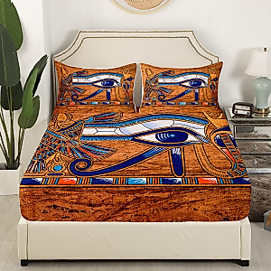 Egyptian Fitted Sheet Egypt Style Bedding Sets Navy Blue Eyes Bed Sheets For Boys Adults Ancient Egyptian Pyramids Pharaoh Top Flat Sheet Deep Pocket With 2 Pillow Cases Bedroom Decor Full