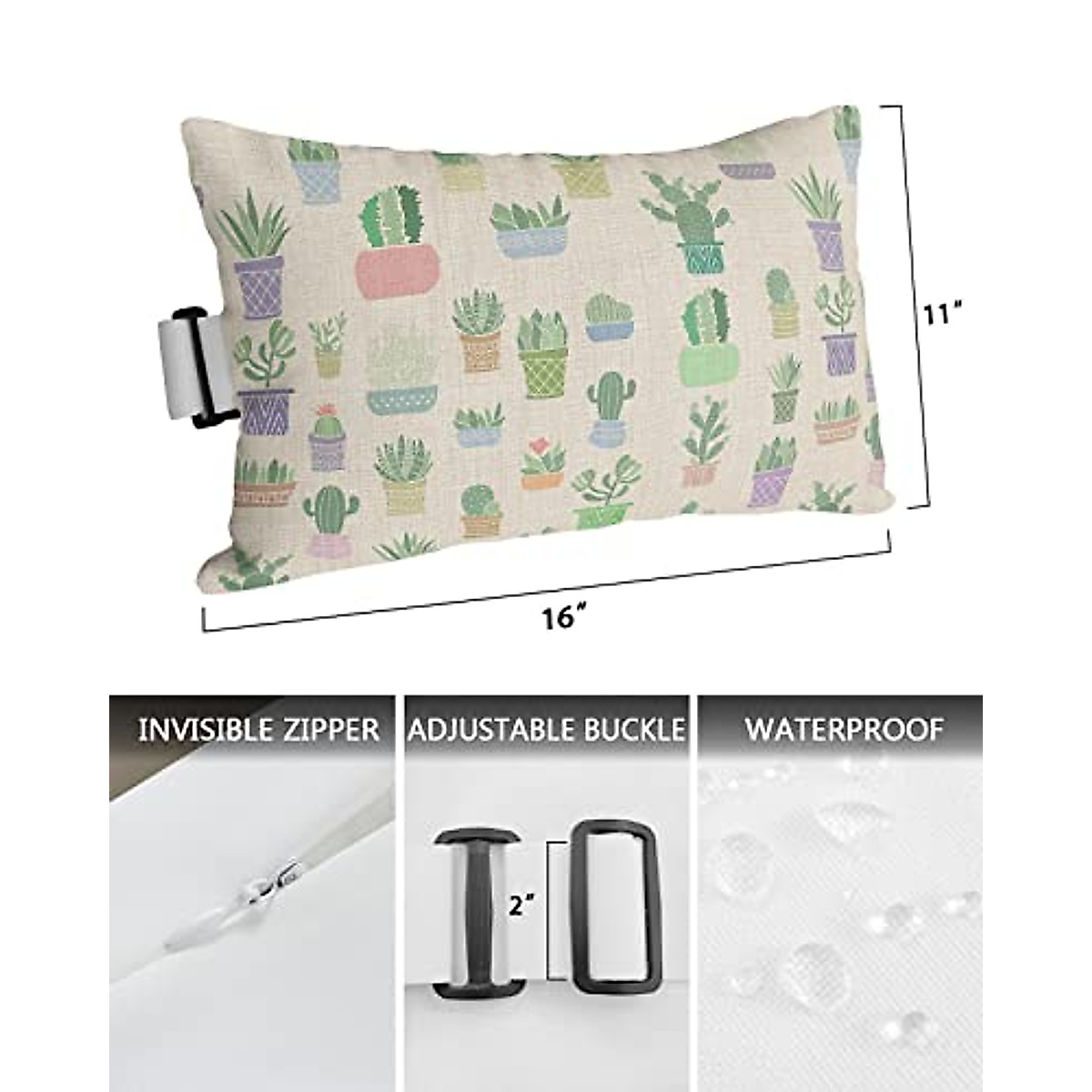 Recliner Head Pillow Ledge Loungers Chair Pillows with Insert Summer Cactus Succulents Green Plants Linen Style Lumbar Pillow with Adjustable Strap Patio Garden Cushion for Sofa Bench Couch, 2 PCS