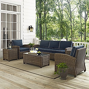 Crosley Furniture Bradenton 5-Piece Outdoor Sofa Patio Furniture Set, Wicker Conversation Sets for Porch, Brown with Navy Cushions
