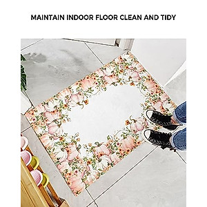 Floor Door Mats Shaggy Carpet Thanksgiving Fall Pumpkin Seamless White,Non Slip Soft Bath Rug Autumn Farm Plant,Fuzzy Area Cushion for Kitchen/Bedroom/Bathroom/Living Room Decor 24x35In