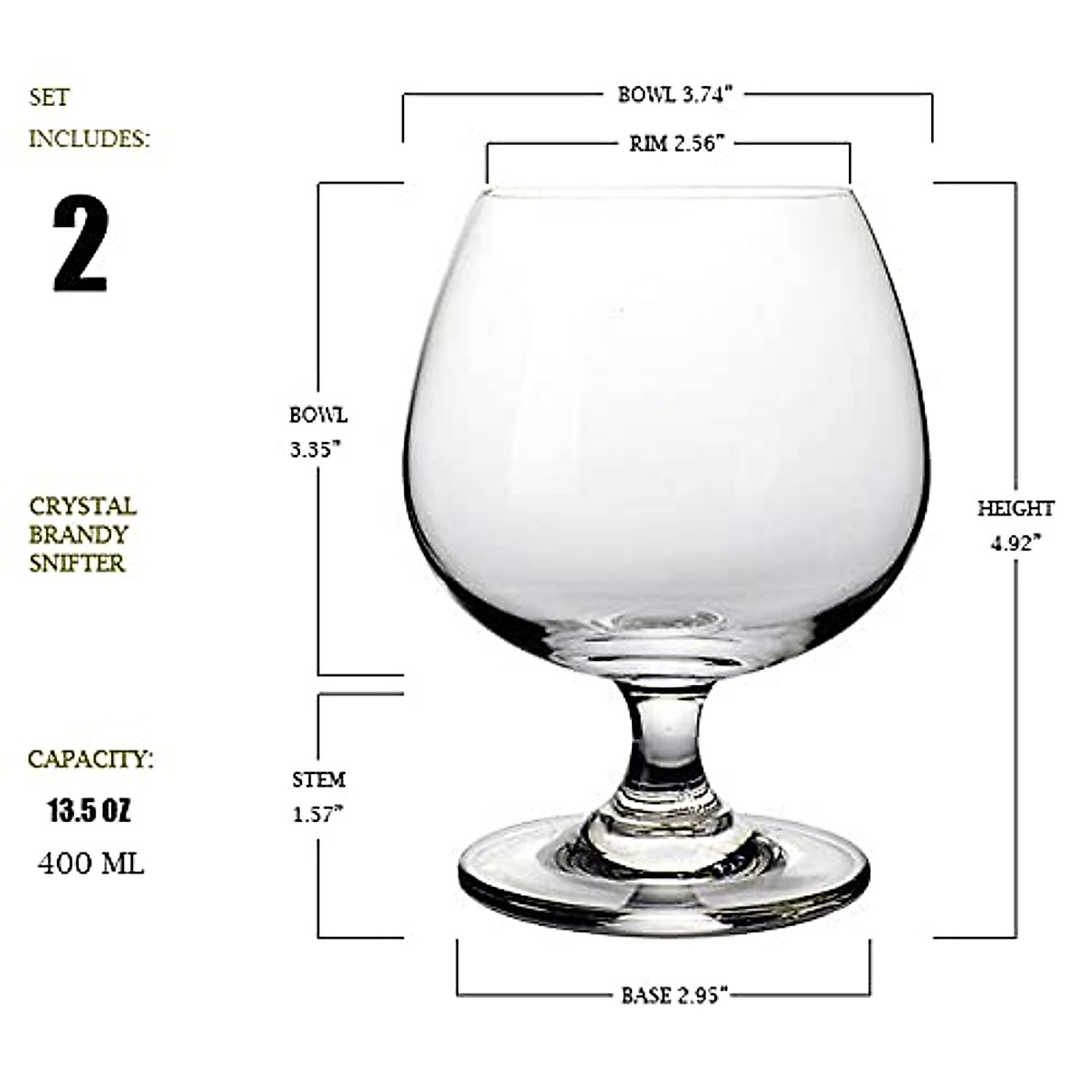 BothEarn Brandy Snifters Set of 2-13.5 Ounce (400 ml) Small Crystal Cognac Glasses - Good for Whiskey Bourbon Beer Milk Drink in Home Party Wedding Anniversary, BE031