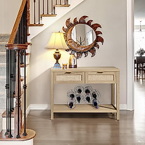 SICOTAS Rattan Console Table for Entryway - Boho Entryway Table with Storage and Drawers, Wood Small Entry Table for Hallway Behind Couch Table Sofa Table, Light Oak