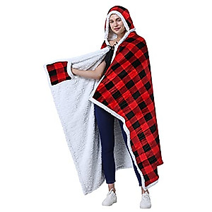 Catalonia Buffalo Plaid Hooded Blanket Poncho | Wearable Blanket Wrap with Hand Pockets | Comfy Sherpa Fleece Throw Cape for Children and Adults, Women Gift