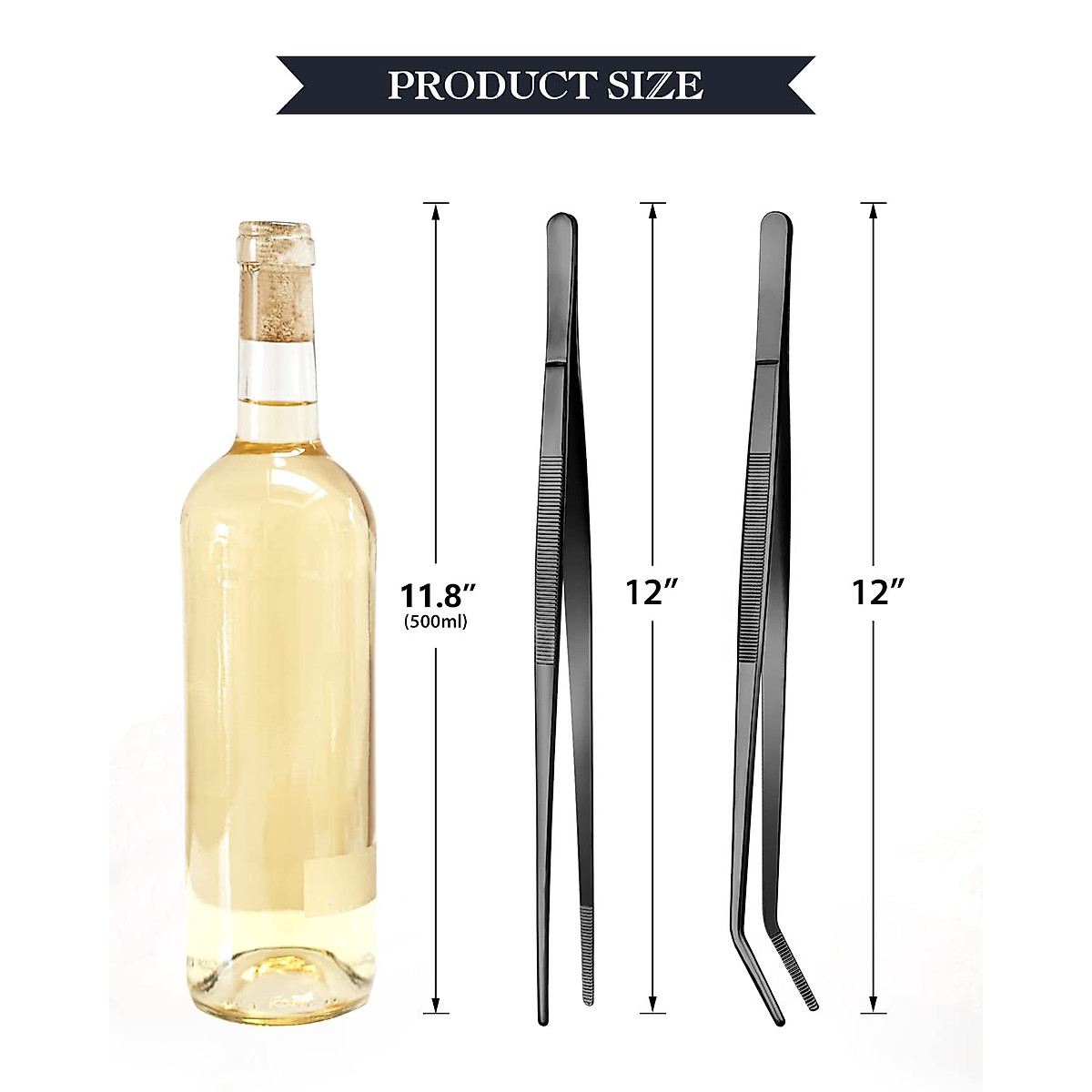 12-inch Cooking Tweezer and Curved Tong Set, Tongs Precision Serrated Tips, Stainless Steel Professional Chef Tweezer Kitchen Tools for BBQ, Plating and Serving