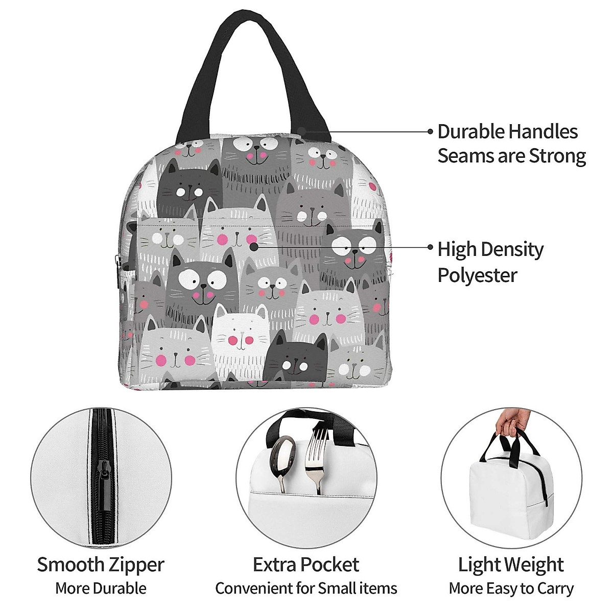 Duduho Cute Grey Cats Kitten Lunch Bag Compact Tote Bag Reusable Lunch Box Container For Women Men School Office Work