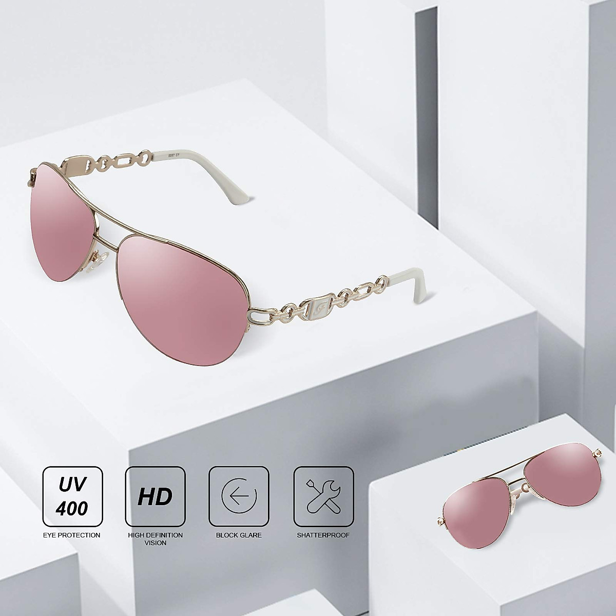 FONHCOO Aviator Sunglasses for Women Men Oversized Metal Frame UV400 Mirrored Sunglasses (pink&white)