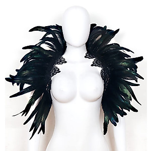 L'VOW Black Feather Shrug Cape Shoulder Wrap Lace Collar Halloween Costumes for Women (Black -002)
