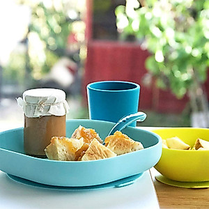 BEABA Silicone 4 Piece Baby Feeding Set, Suction Plates for Baby, Includes Plate, Bowl, Cup, 2nd Stage Silicone Spoon, High Grade Food Safe Silicone, Peacock