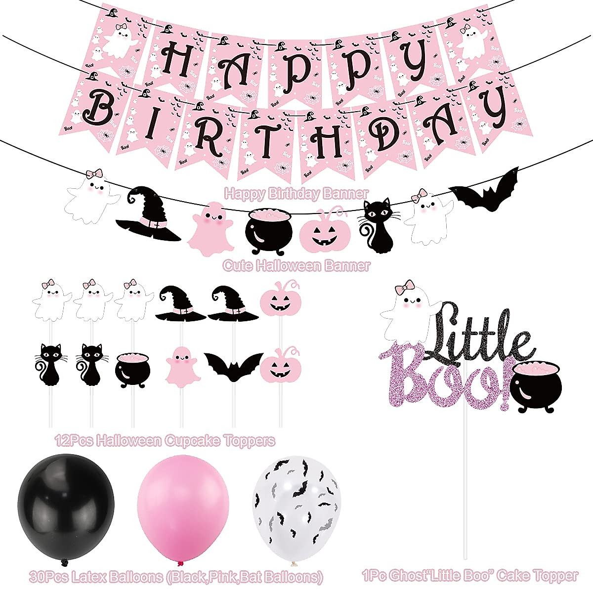 Halloween Birthday Party Decorations, Pink Halloween Happy Birthday Banner,Little Boo Cake Topper with Ghost and 30Pcs Bat Balloons for Halloween Scary Theme Baby Shower,Kids Halloween Birthday Party