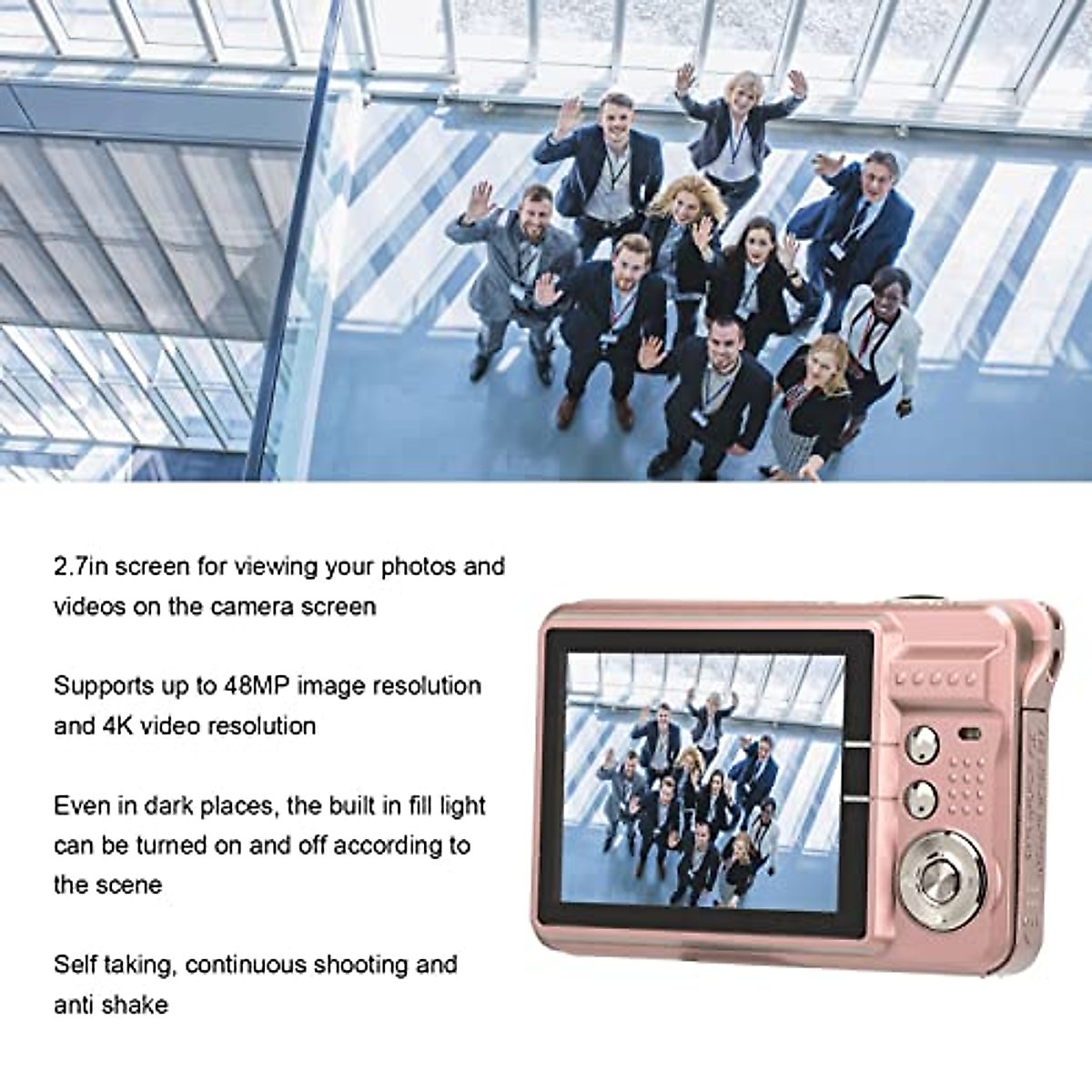 4K Digital Camera, 2.7in LCD Display, Vlogging Camera, 8X Zoom, 48MP, Rechargeable Mini Camera, with Fill Light, Anti Shake, for Photography Continuous Shooting (Pink)