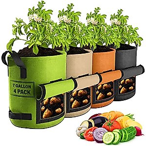 Suntee 4 Pack 7 Gallon Potato Grow Bags with Flap, Plant Grow Bags Heavy Duty Nonwoven Fabric Planter Bags Garden Vegetable Planting Pots Grow Bags for Growing Potatoes, Tomato and Fruits Outdoor