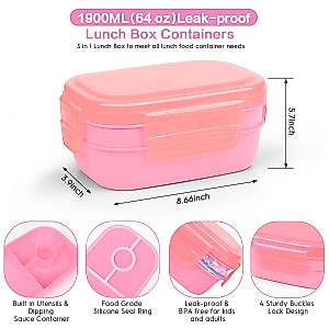 LEITAO 29 Packs Bento Box Kids Adult Lunch Box 1900ML 3 Layer Stackable Lunch Box with Lunch Bag, Multiple Compartments Bento Box With Built-in Utensil Set, DIY Accessories, Bags (Pink)