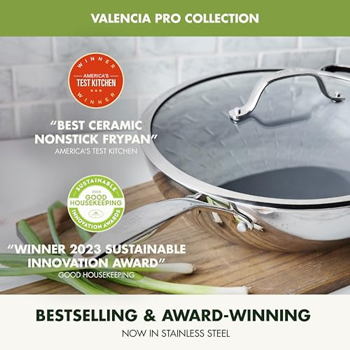 GreenPan Valencia Pro Stainless Steel 12” Wok with Lid, Induction Mirrored Tri-Ply, Ceramic Nonstick PFAS-Free PFOA- Free Coating, Multi Clad Pan, Induction, Dishwasher Safe, Oven & Broiler Safe