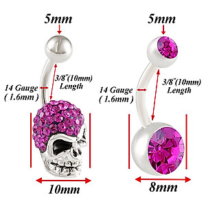 bodyjewellery 2 pcs 14g 3/8 Inch 10mm Skull Crystal Belly Button Bar Ring Implant Grade Surgical Steel Navel Barbell Piercing (Clear)