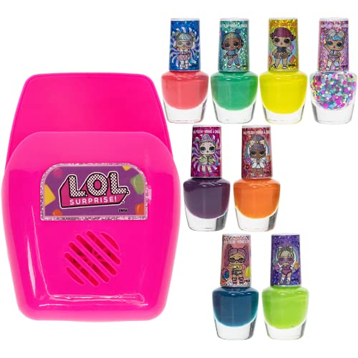 Townley Girl L.O.L Surprise Non-Toxic Peel-Off Water-Based Safe Quick Dry Nail Polish Gift Kit Set for Kids Set With Nail Dryer, AA Batteries Not Included, Ages 3+