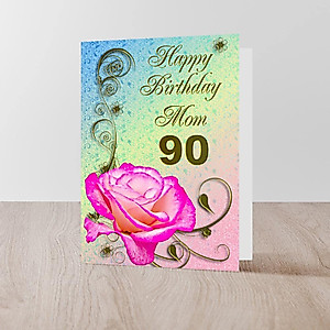 CafePress 90Th Birthday Card For Mom, Elegant Rose Greeting Folded Greeting Card Glossy