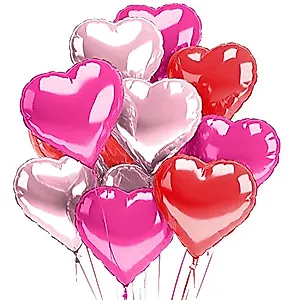 Hot Pink Heart Balloons 15 PACK - Valentines Day Heart Shaped Balloons - Mylar Pink Red Rose Gold Foil Decorations