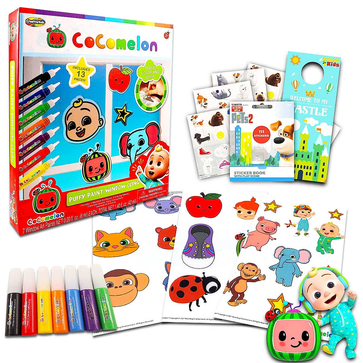 Cocomelon Window Clings Party Favors Set - Cocomelon Arts and Crafts Bundle with Puffy Paint Plus Stickers, More (Cocomelon Party Supplies Set)