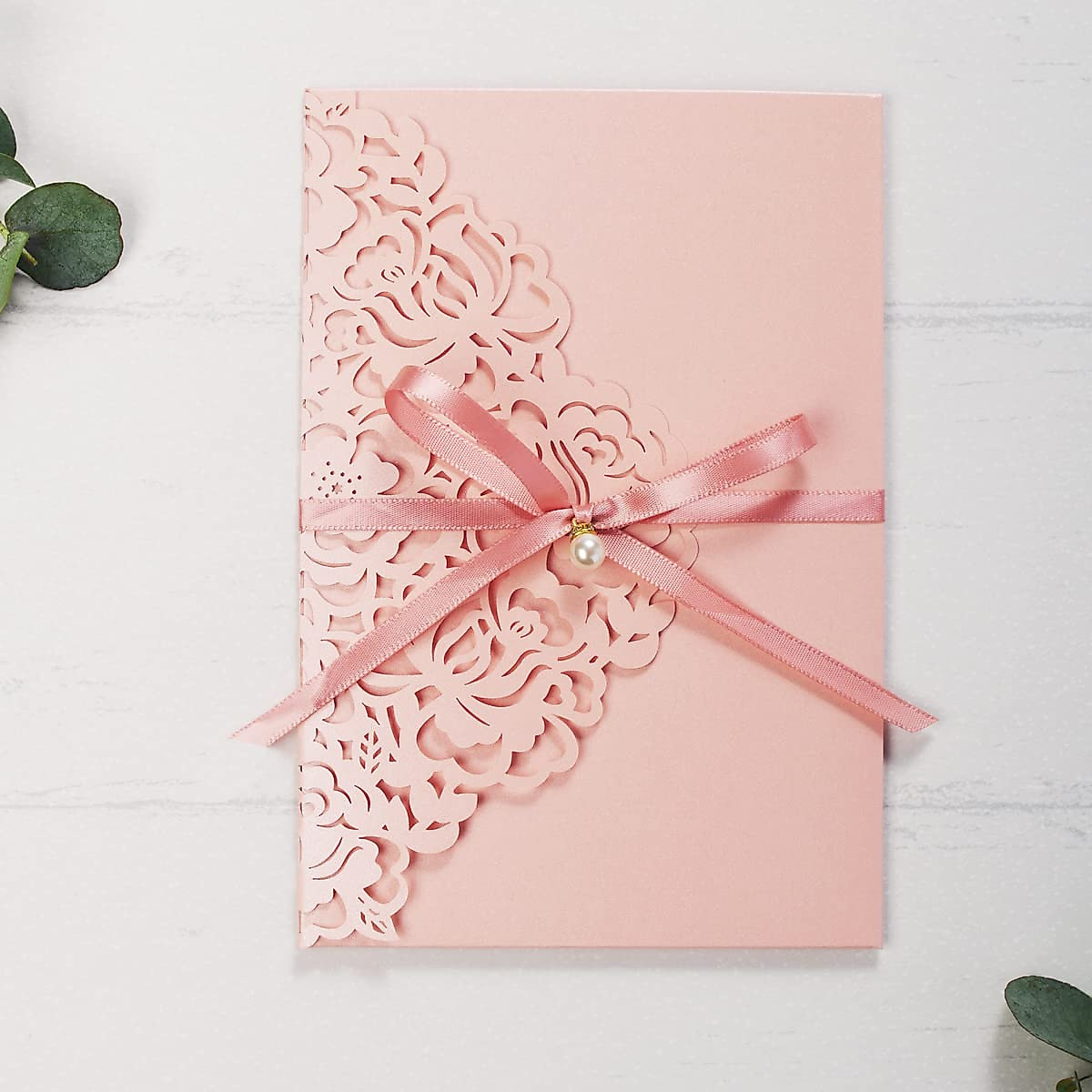 KUCHYNEE 50PCS Pink Customized Quinceanera Invitation Cards with Envelopes 5x7.3 Inch Laser Cut Hollow Rose Pocket with Ribbon invitations for Quincenera Birthday Invite