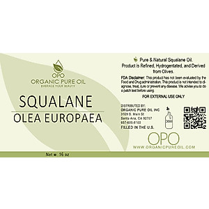 Squalane Oil - Pure, Natural, Plant-Derived, Non GMO, Refined - 16 oz - Squalene Alternative, from Olive - Ultra Hydrating & Moisturizing Carrier Oil - Hexane Free, Cold Pressed - OPO