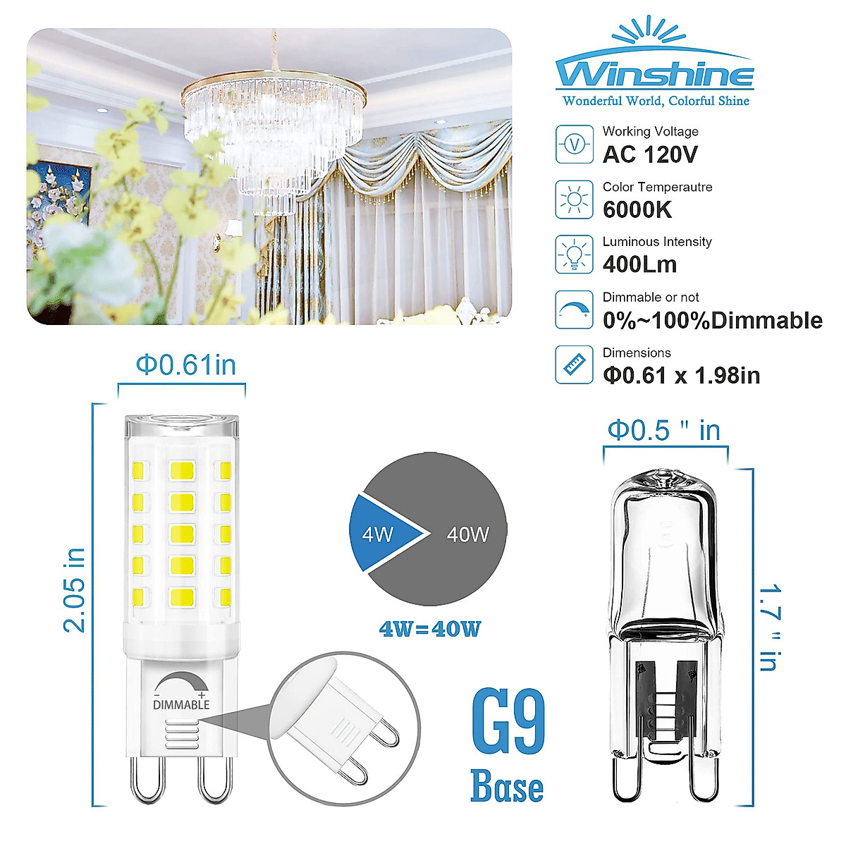 winshine G9 LED Bulb Dimmable 6000K Daylight 4W, 40Watt G9 Halogen Equivalent G9 Bi Pin Base,T4 Chandelier Lighting No-Flicker Light Bulb 120V AC 5 Pack