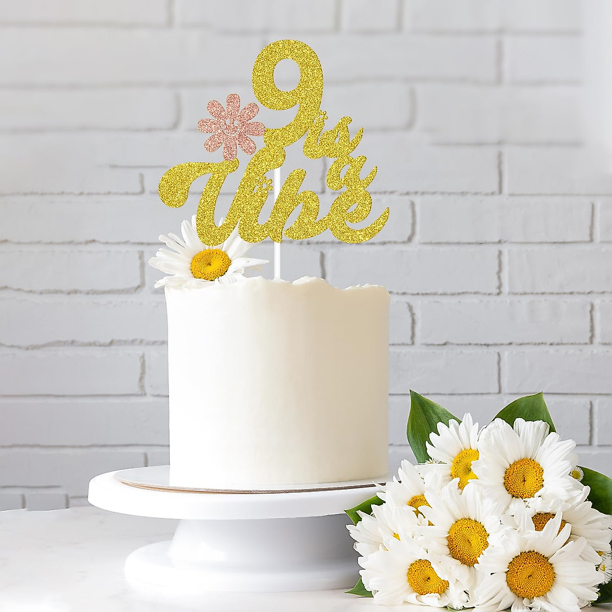 Happy 9th Birthday Cake Topper, 9 is a Vibe, Cheers to 9 Years, Glittery Groovy Daisy 9th Birthday Party Decorations Supplies