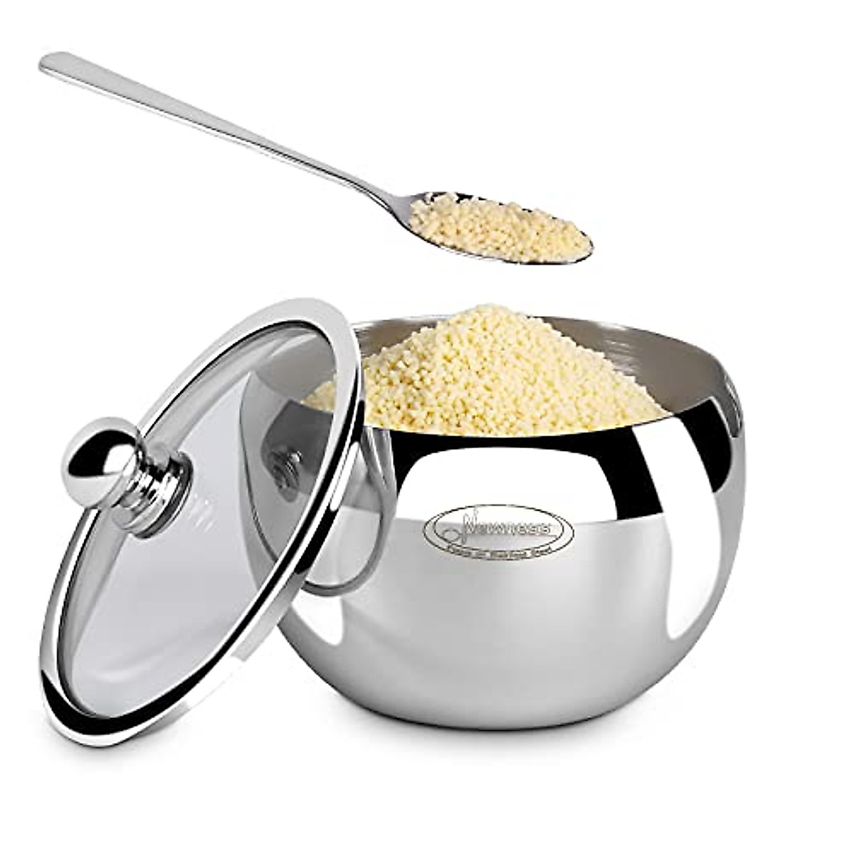 Newness Sugar Bowl, Stainless Steel Sugar Bowl with Lid and Spoon (for Better Recognition) for Home and Kitchen, Drum Shape, 240 ML (8.1 OZ)