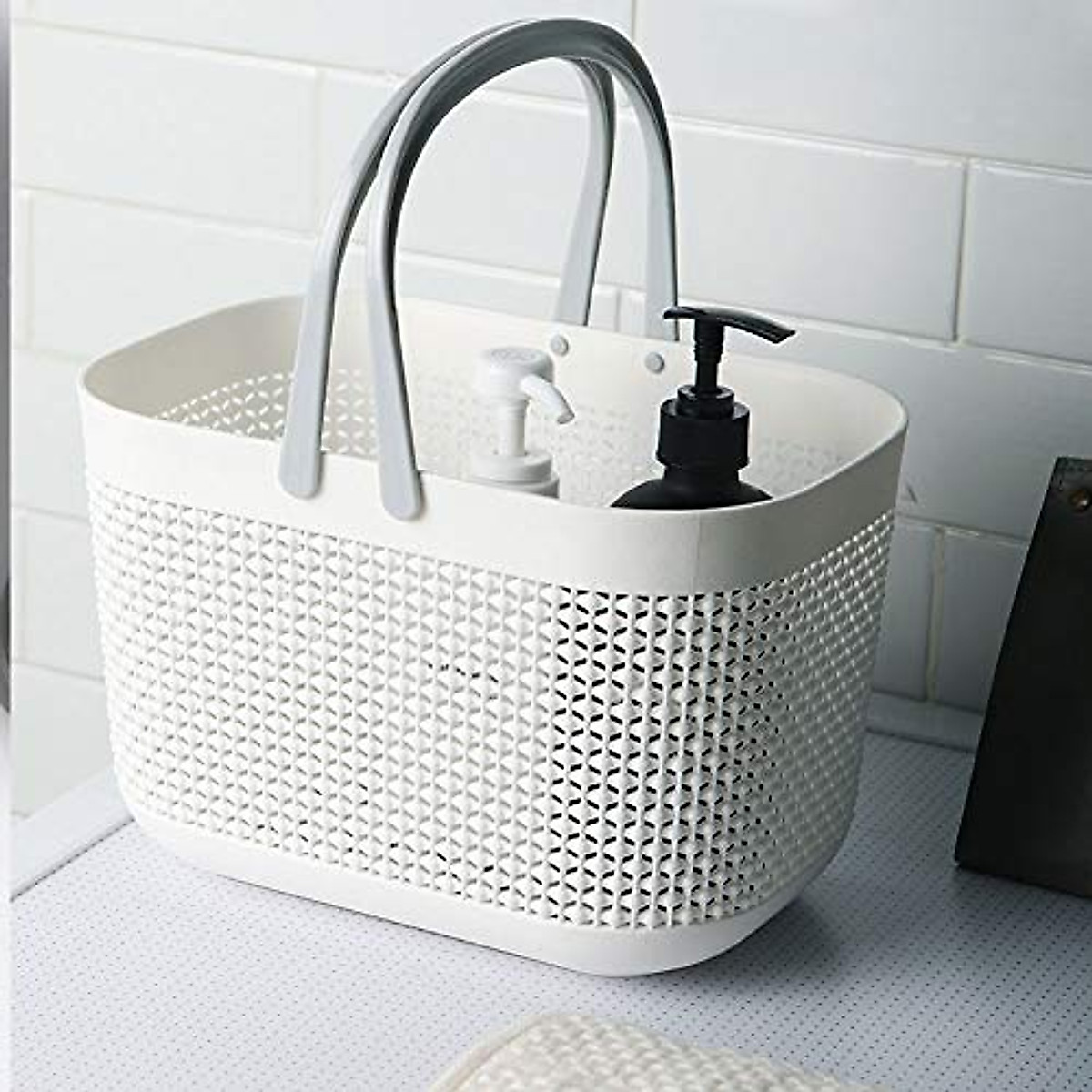 FEOOWV Plastic Bathroom Storage Basket with Handle, for Storing Bathroom Body Wash, Shampoo, Conditioner, Lotion (White, 1Pc)