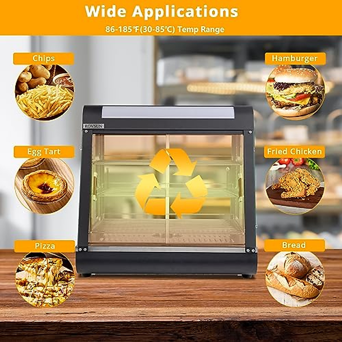 ROVSUN 26" Food Warmer, 3-Tier Food Warmer Display Electric Pizza Warmer Commercial Countertop w/LED Lighting Adjustable Removable Shelves Glass Door, Pastry Display Case for Buffet Restaurant 1200W