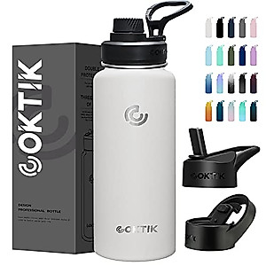COKTIK 40 oz Sports Water Bottle With Straw,3 Lids, Stainless Steel Vacuum Insulated Water Bottles,Leakproof Lightweight, Keeps Cold and Hot, Great for Travel, Hiking, Biking, Running(White)