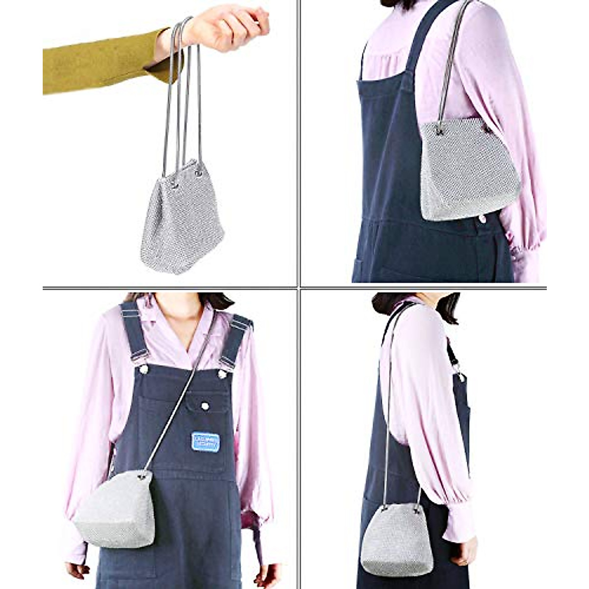 Selighting Rhinestones Crystal Clutch Evening Bags for Women Crossbody Shoulder Bucket Bags Prom Party Wedding Purses Silver