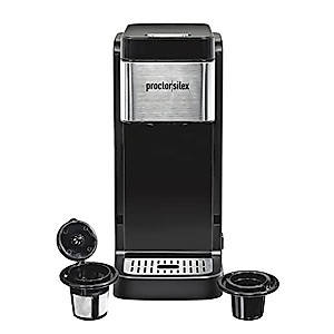 Proctor Silex Single-Serve Coffee Maker Compatible with Pod Packs and Grounds, 40 oz. Reservoir Makes Four 10 oz. Cups Without Refilling, Black & Stainless Steel (49919)