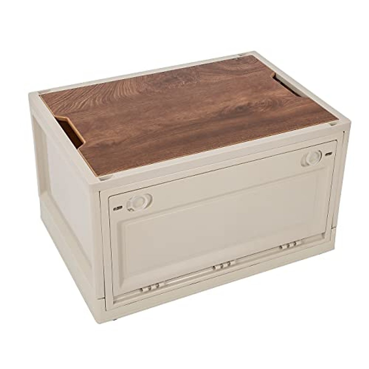 The foldable outdoor camping storage box has a large capacity of 40L, the foldable storage box equipped with a wooden cover and rollers can be used for indoor,car trunk and camping.