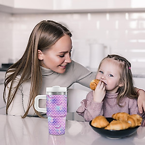 Mermaid Gifts for Women Girls, Mermaid Tail Tumbler with Handle and Straw 14 oz, Stainless Steel Mermaid Cups Mug, Mermaid Stuff, Mermaid Decor for Mermaid Lover for Birthday Valentines Day