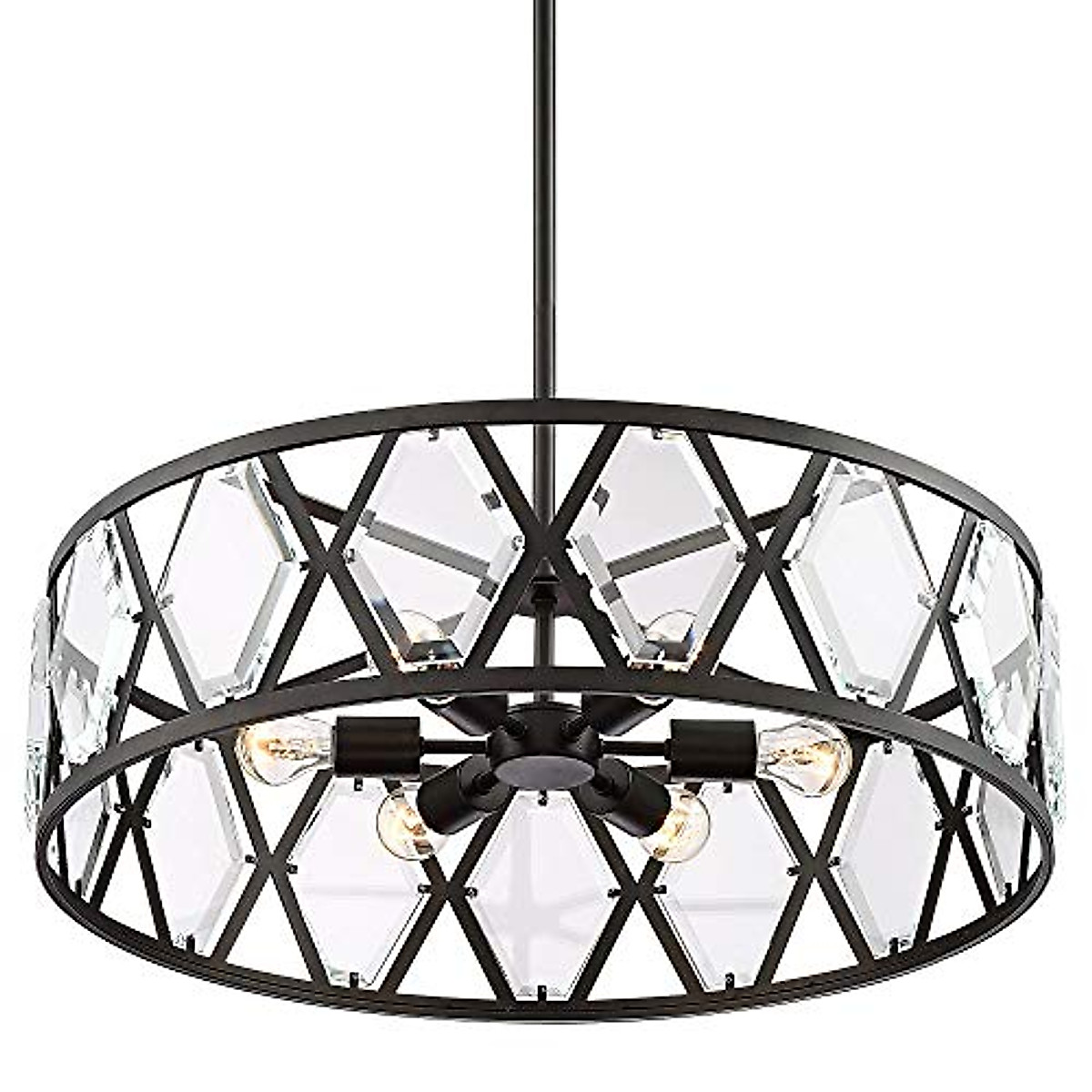Regency Hill Lexington Black Pendant Chandelier 26" Wide Rustic Industrial Clear Crystal Glass Drum Shade 6-Light Fixture Dining Room House Foyer Entryway Kitchen Bedroom Living Room