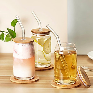 Altfun Drinking Glasses with Bamboo Lids,Glass Straw and Coaster 4pcs-16oz Can Shaped Glass Cups,Beer Glasses,Iced Coffee Glasses,Cute Tumbler Cup,Ideal for Cocktail,Whiskey,Gift-2 Cleaning Brushes