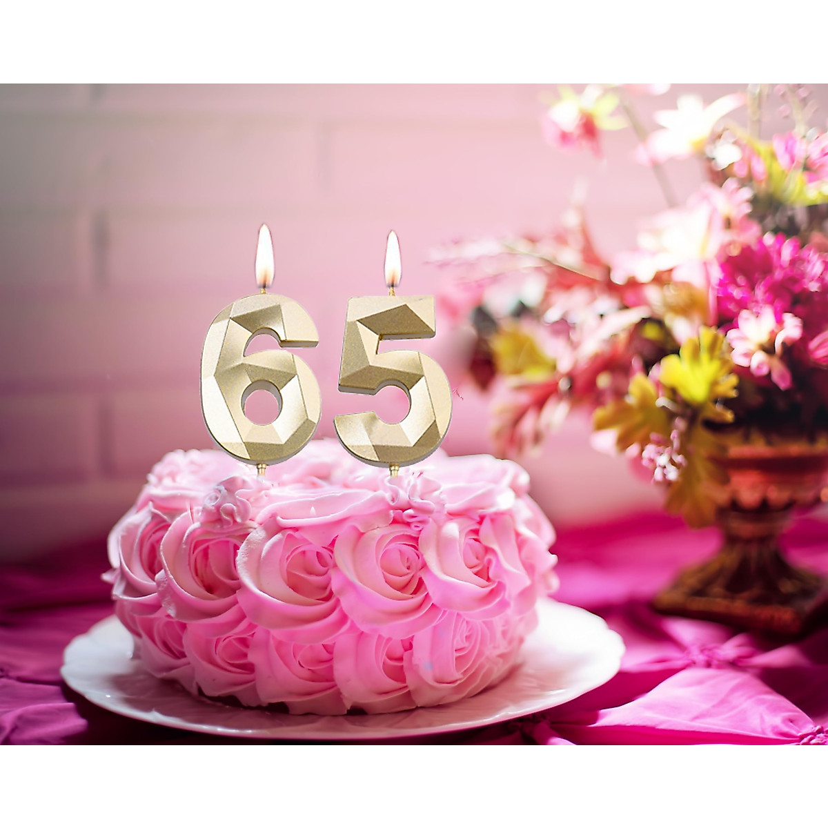 2 inch Gold 65 & 56 Birthday Candles, 3D Diamond Number 65th & 56th Cake Topper for Men Women Birthday Party Decorations Theme Party