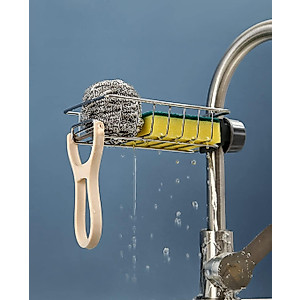 Kitchen Sink Caddy Organizer Over Faucet Sponge Holder, Stainless Steel Heavy Duty Thickening Hanging Faucet Drain Rack for Scrubbers, Soap, Bathroom, Detachable No Suction Cup or Magnet (Faucet Rack)