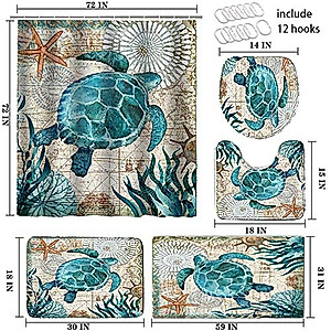 Nautical 5 Pcs Sea Turtle Shower Curtain Set with Rugs and Towels Include Non-Slip Rugs, Toilet Lid Cover and Bath Mat Ocean Waterproof Shower Curtain Sets with 12 Hooks