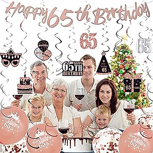 WOJOGO 65th Birthday Decorations for Women, Rose Gold 65 Birthday Decorations For Women, Happy 65th Birthday Banner Hanging Swirls Birthday Cake Topper Balloons Decor Kit for Party Supplies