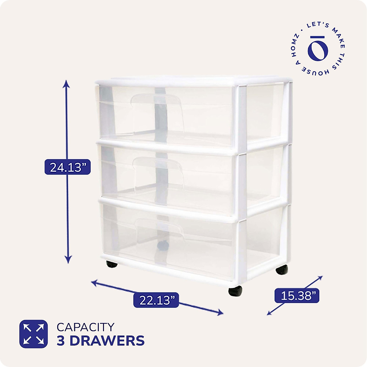 HOMZ Drawer Tower, 3-Tier Wide Clear Plastic Storage Organizer Cart, White Frame