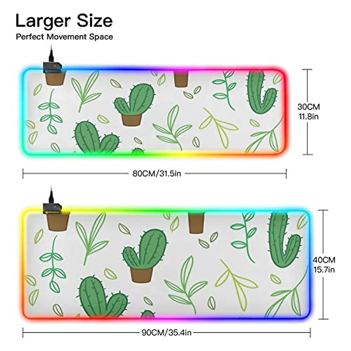Large RGB Gaming Mouse Pad Cactus Plants Editorial Decoration Purposes Glowing Extended Mousepad 35.4x15.7in, Soft Anti-Slip Rubber Base Luminous Mouse Mat for Pc Laptop, Gaming, Office, Home