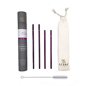 Reusable Stainless Steel Straw Set of 4 - Shorter Lengths (6.5" and 7.5") for Cocktails and Beverages. Travel Case and Cleaning Brush - Perfect for On The Go or Entertaining at Home (Purple Haze)